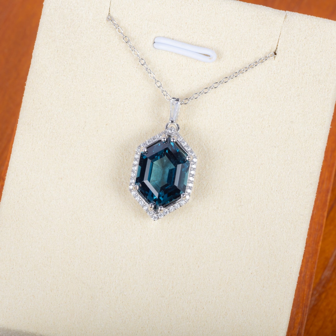 Hexagon Cut Blue Stone Halo Pendant Handmade Natural London Blue ...