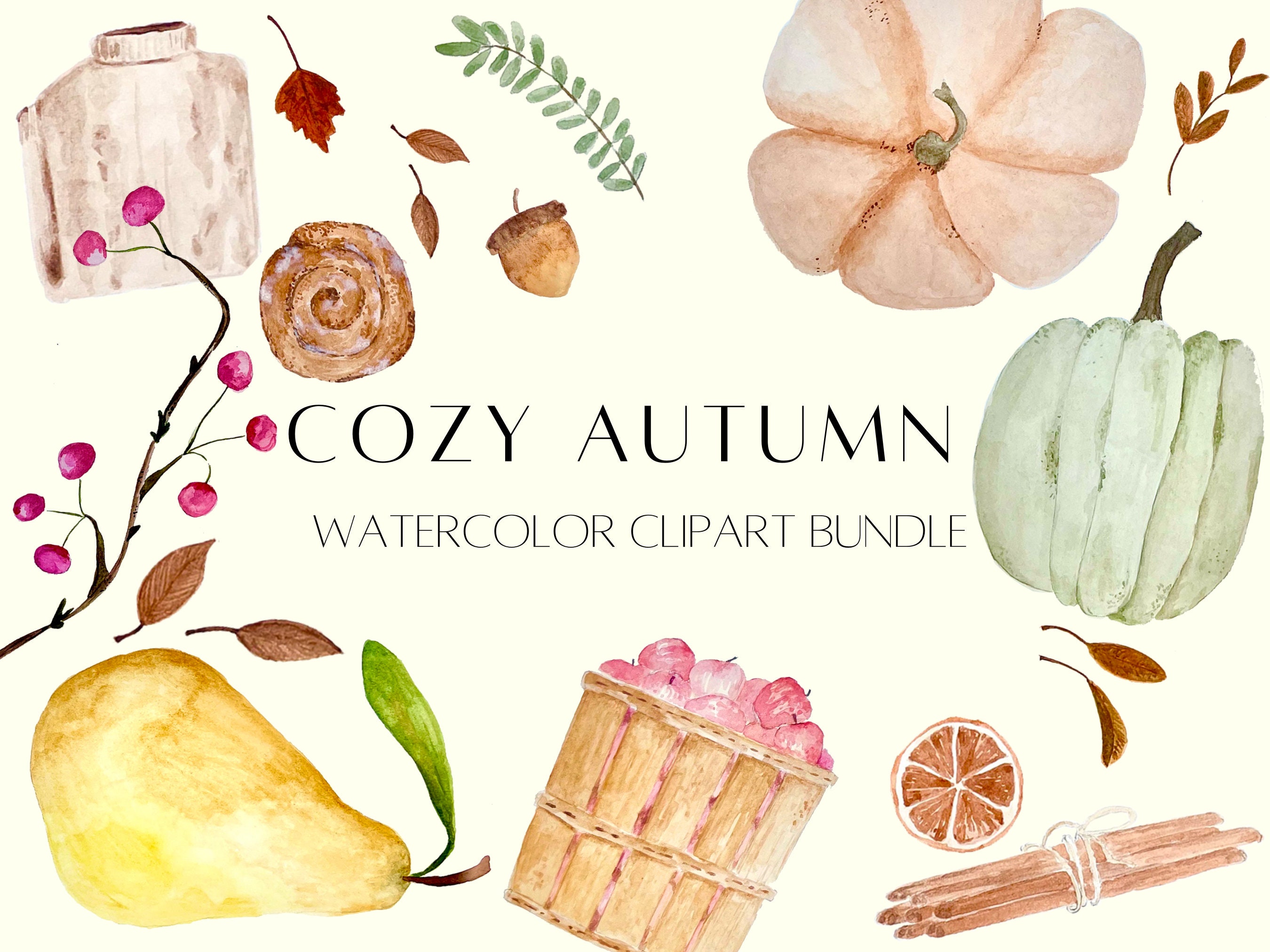 Watercolor Autumn Clipart Cozy Fall Clipart Pumpkin Clipart Fall Leaves ...