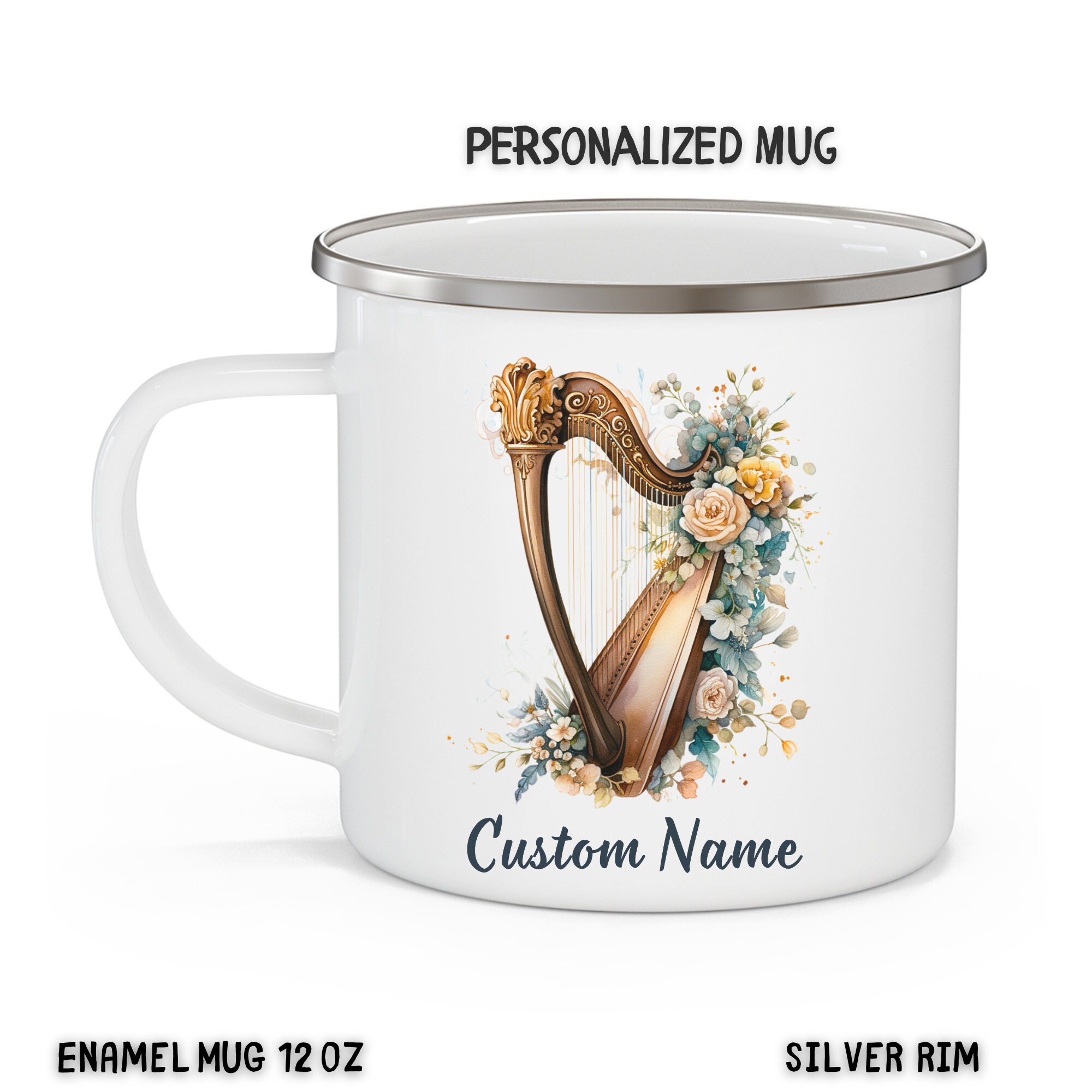 Personalised Music Mug, Harp Instrument Mug, Enamel Camping Mug ...