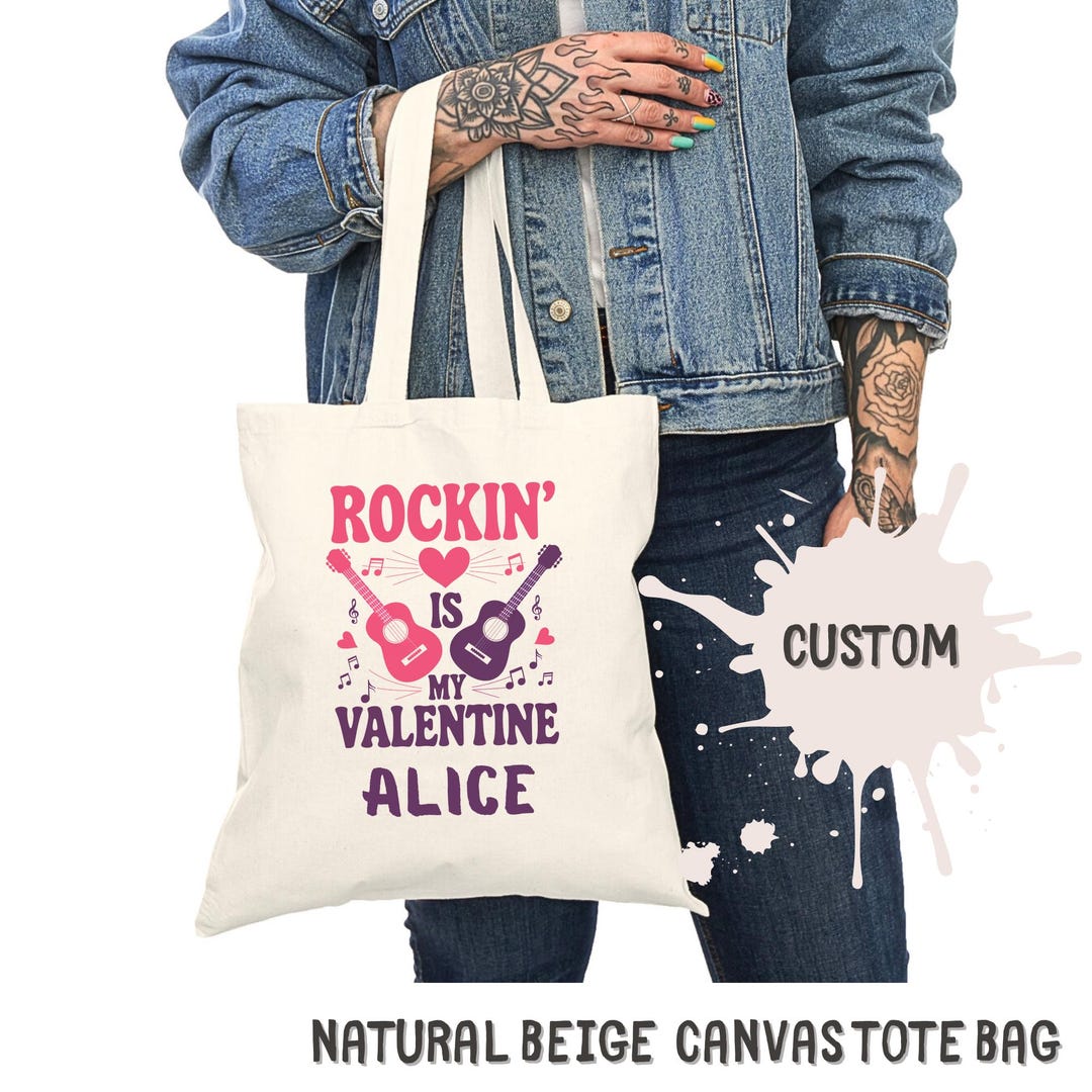 Custom Rockin’ Valentine Acoustic Guitar Canvas Tote Bag, Personalized ...