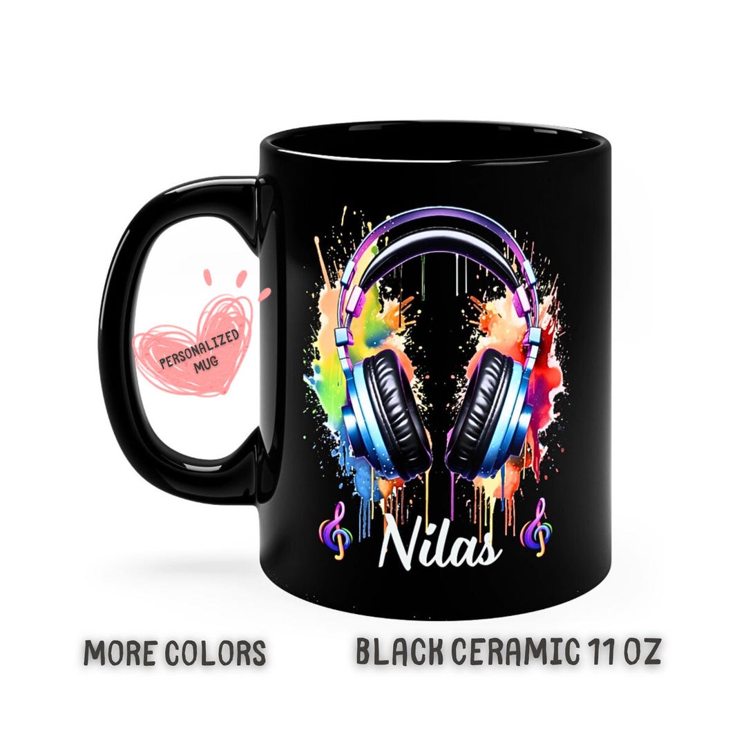 Personalized Headphones Mug, Custom Dj Lover Mug, Custom Mug Text Music ...