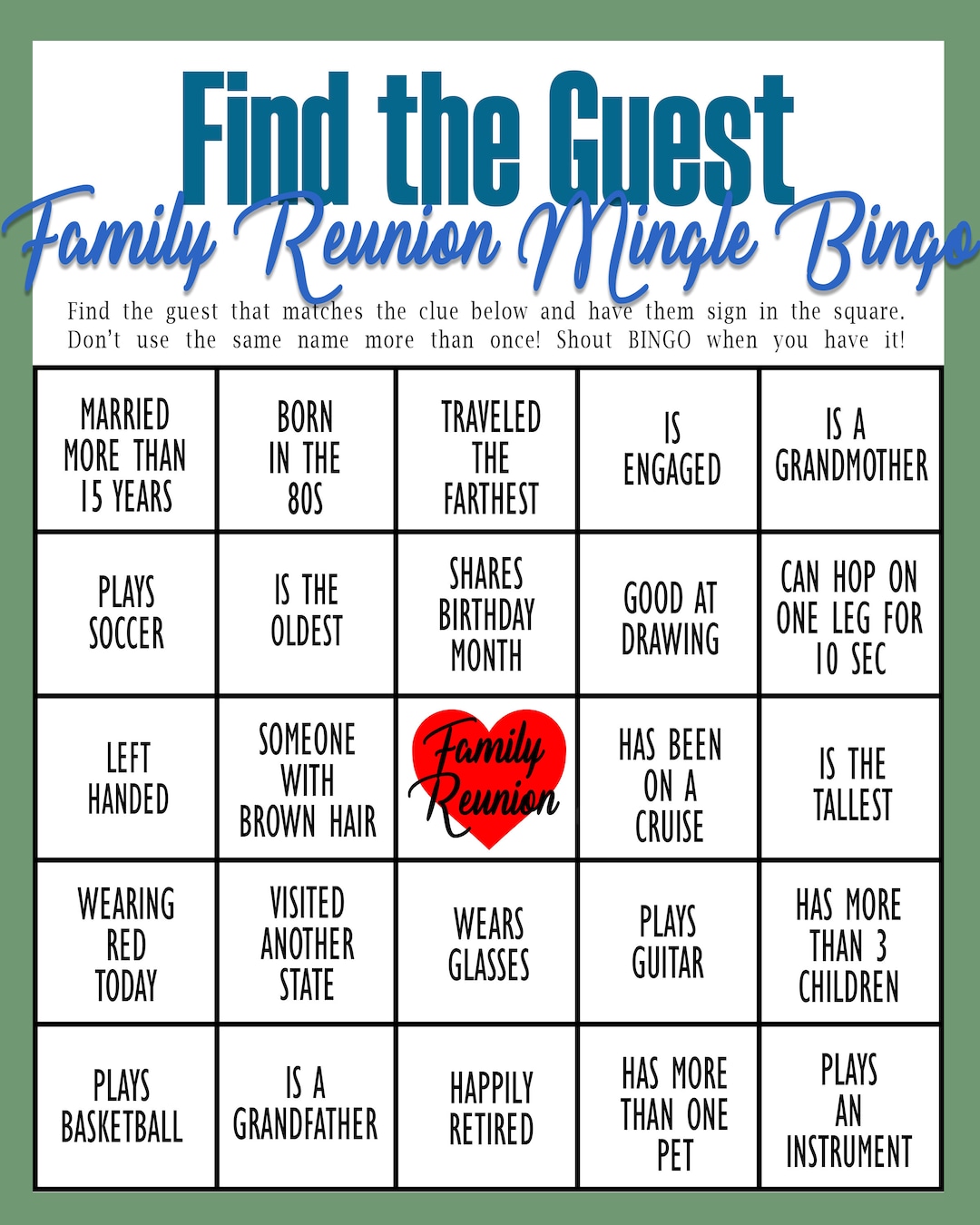 Family Reunion Mingle Bingo Find the Guest Ice Breaker Game - Etsy