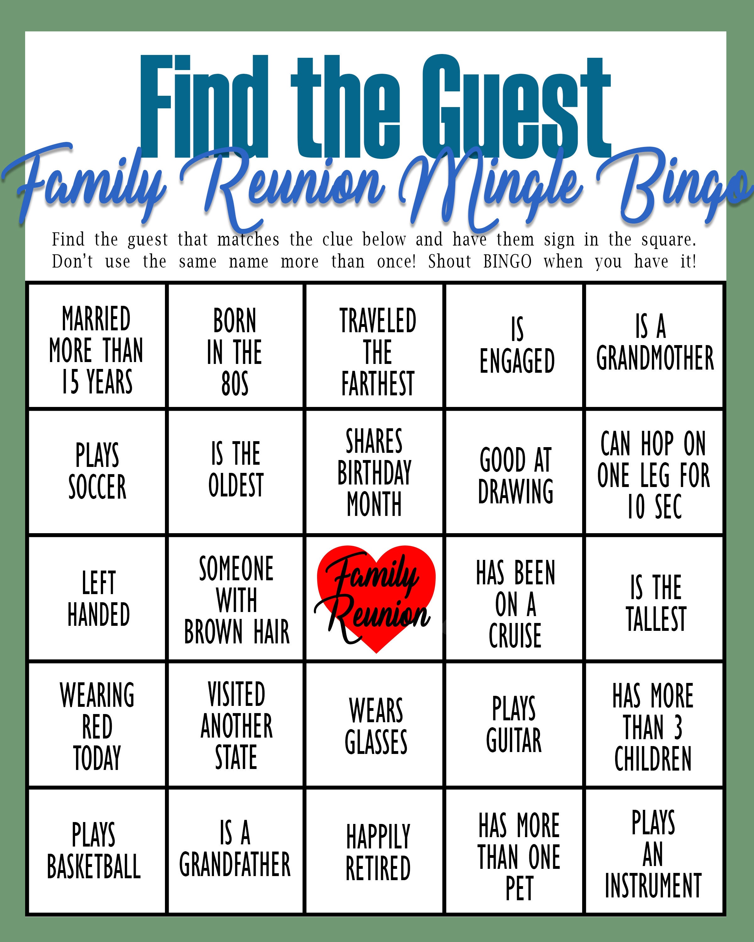 Family Reunion Mingle Bingo Find the Guest Ice Breaker Game - Etsy