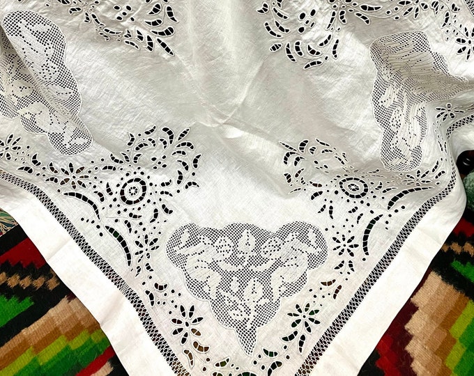 Handmade Linen Table Cover Cloth, Embroidered White Tablecloth, Vintage ...