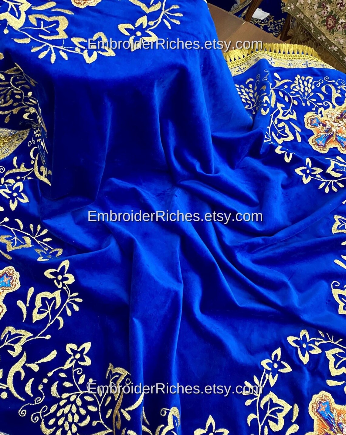 New, Blue Velvet Handmade Christian Tablecloth, Navy Blue Embroidered ...