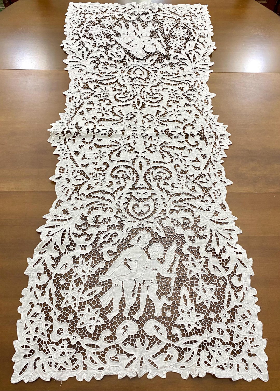 White Cutwork Table Runner, Handmade Embroidered Linen, Richelieu ...