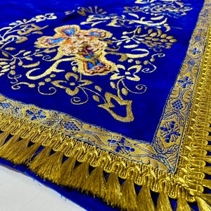 New, Blue Velvet Handmade Christian Tablecloth, Navy Blue Embroidered ...
