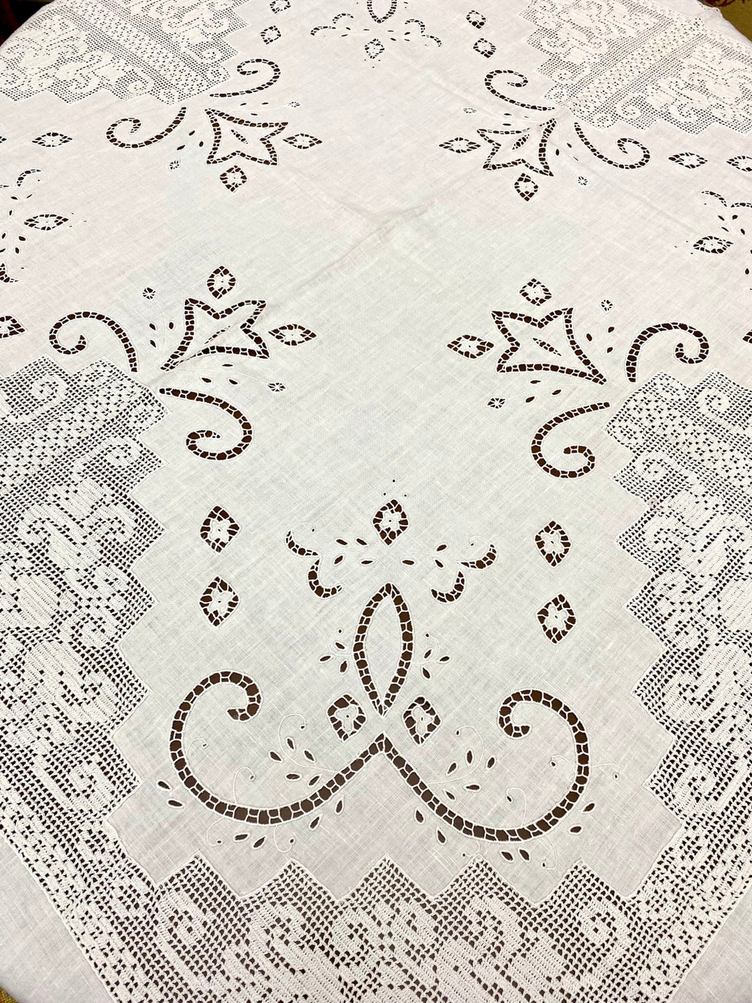 Greek White Linen Tablecloth – Hand‑embroidered Richelieu Cutwork Cover ...