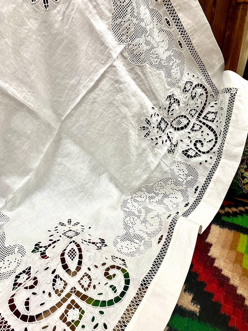 Square Linen Table Cover Cloth, Embroidered White Tablecloth, Vintage ...