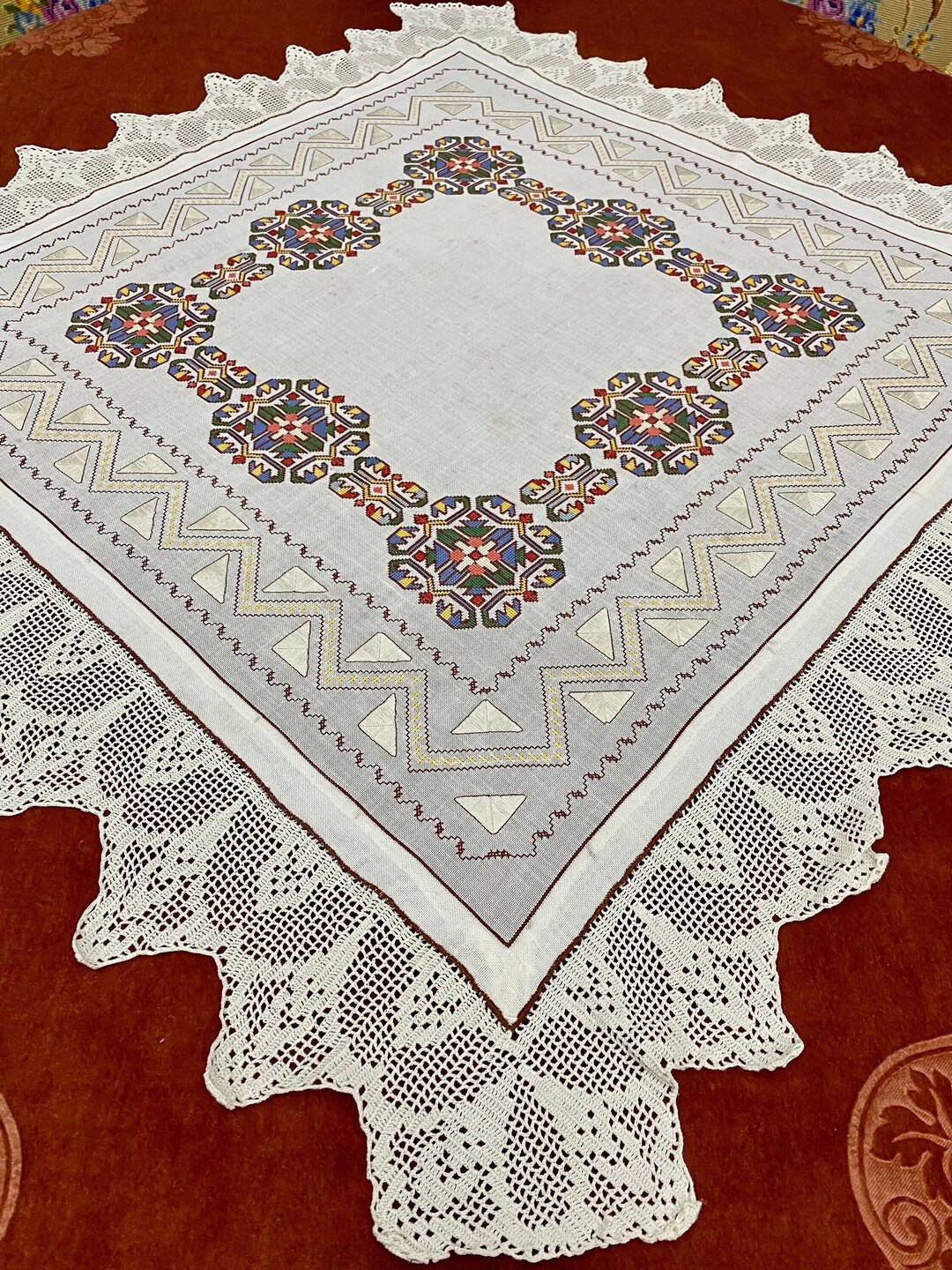 1940s Collectible Embroidery Tablecloth, Antique Hand Embroidered Table ...
