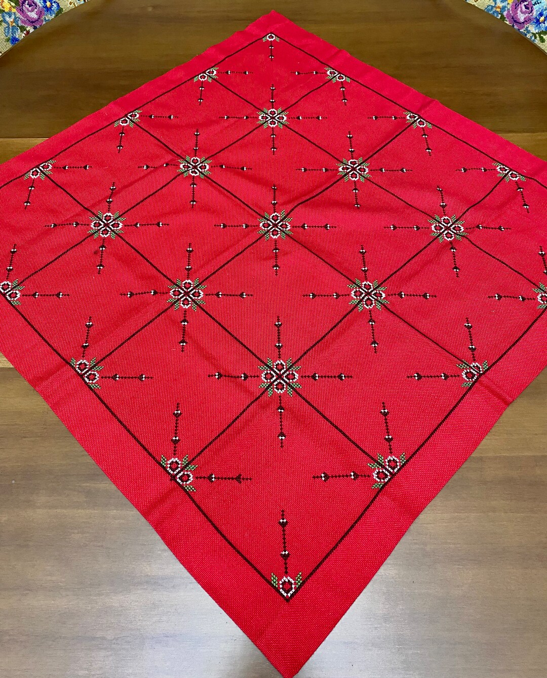 Red Table Cover, Square Table Cloth Vintage, Hand Embroidered Table ...