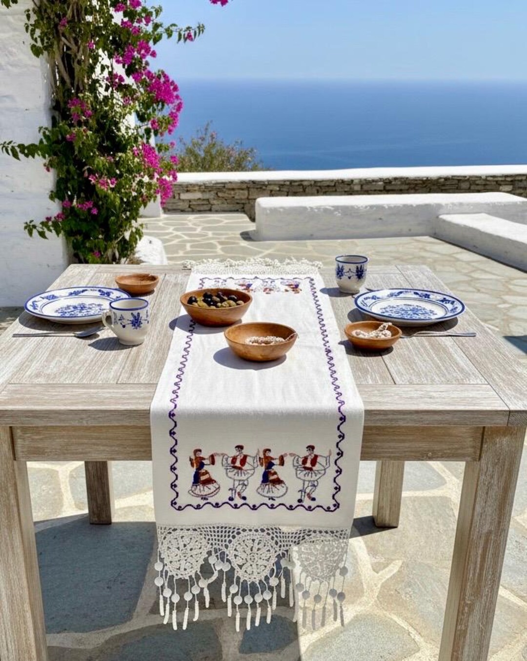 Handmade Greek Table Runner: Embroidered Tsolias Design, Crochet Lace ...