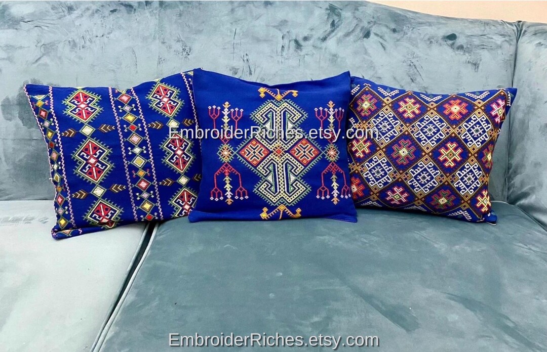 Vintage Cretan Pillow Cover Set, Hand Embroidered Ethnic Throw Pillows ...