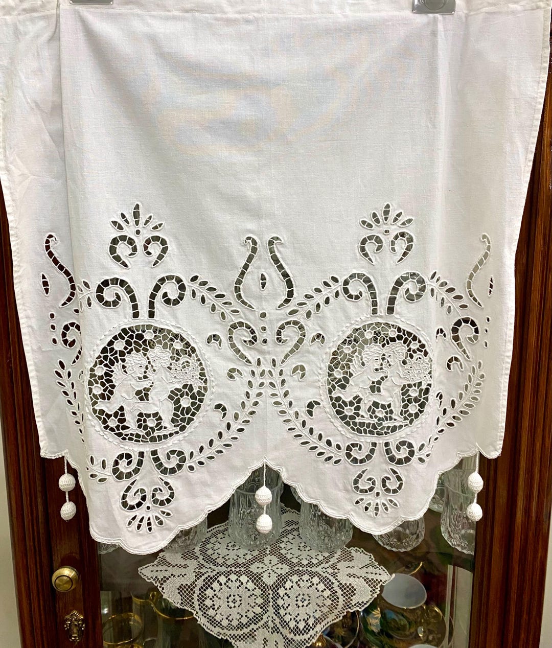 White Cutwork Window Curtain – Cherub Angels & Geometric Floral Design ...
