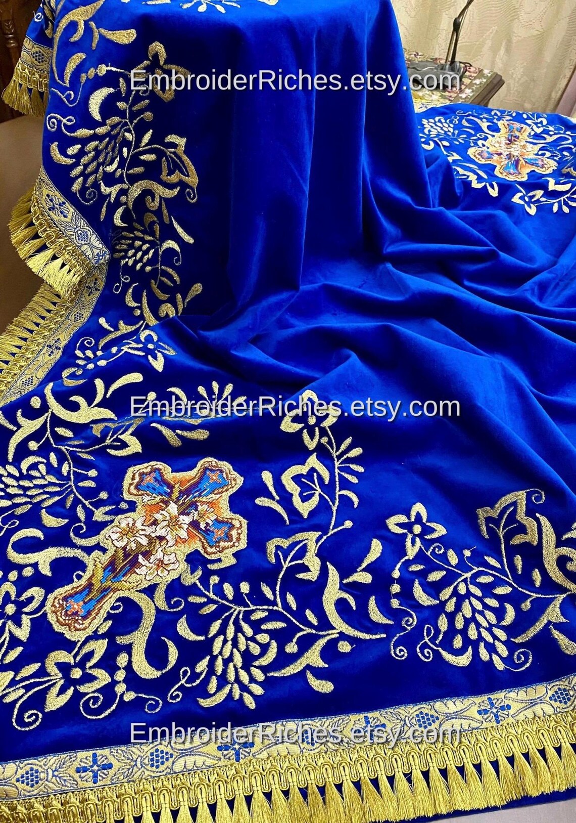 New, Blue Velvet Handmade Christian Tablecloth, Navy Blue Embroidered ...