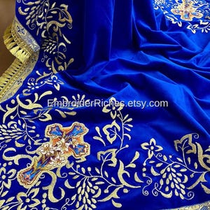 New, Blue Velvet Handmade Christian Tablecloth, Navy Blue Embroidered ...