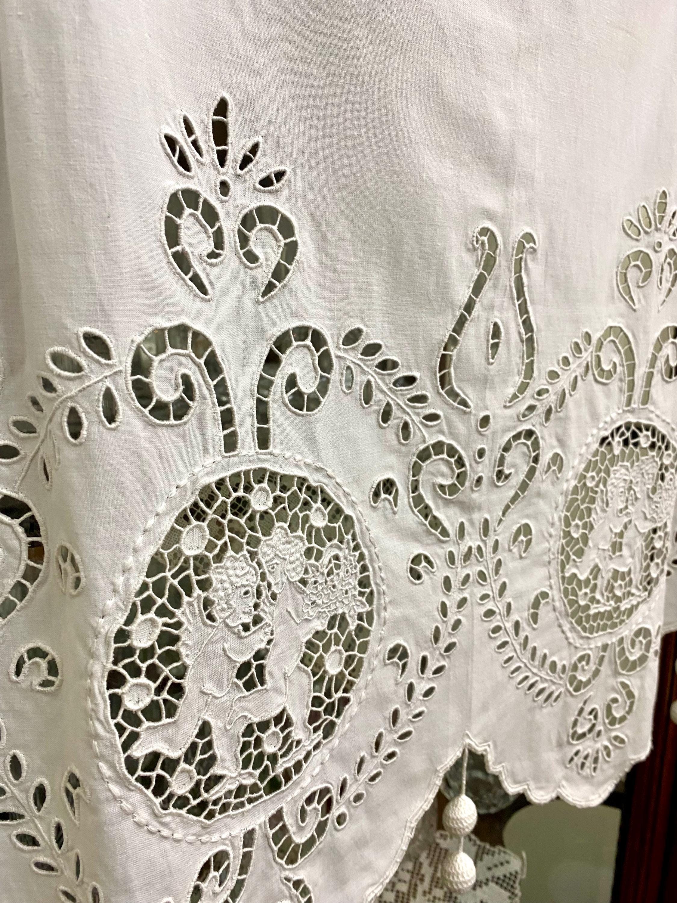 White Cutwork Window Curtain – Cherub Angels & Geometric Floral Design ...