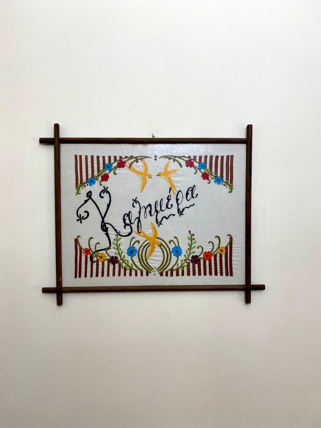 Vintage Greek Embroidery Wall Hanging, Kalimera Embroidered Framed ...