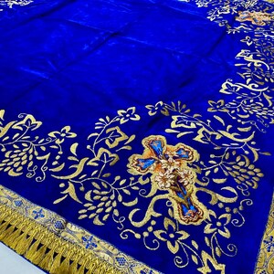 New, Blue Velvet Handmade Christian Tablecloth, Navy Blue Embroidered ...
