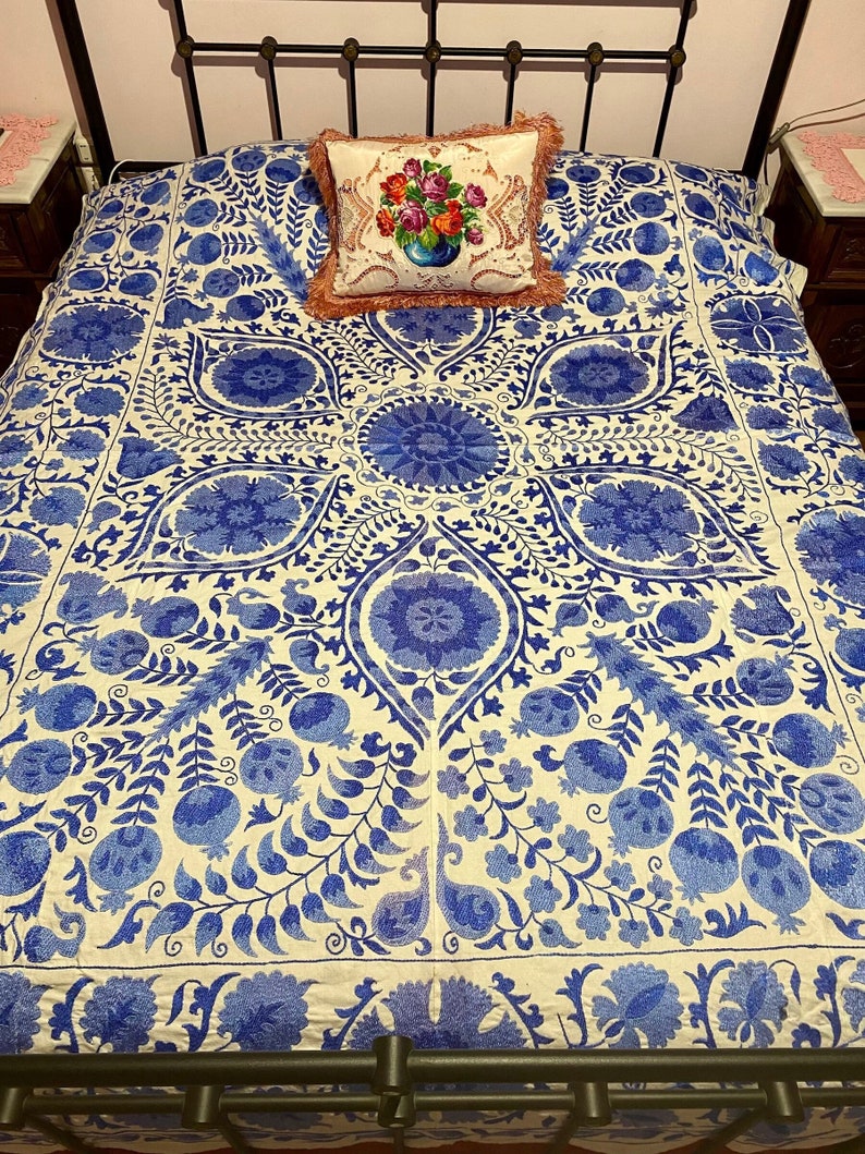 Blue Suzani Bedspread Old Suzani Table Cloth Hand Embroidered Suzani ...