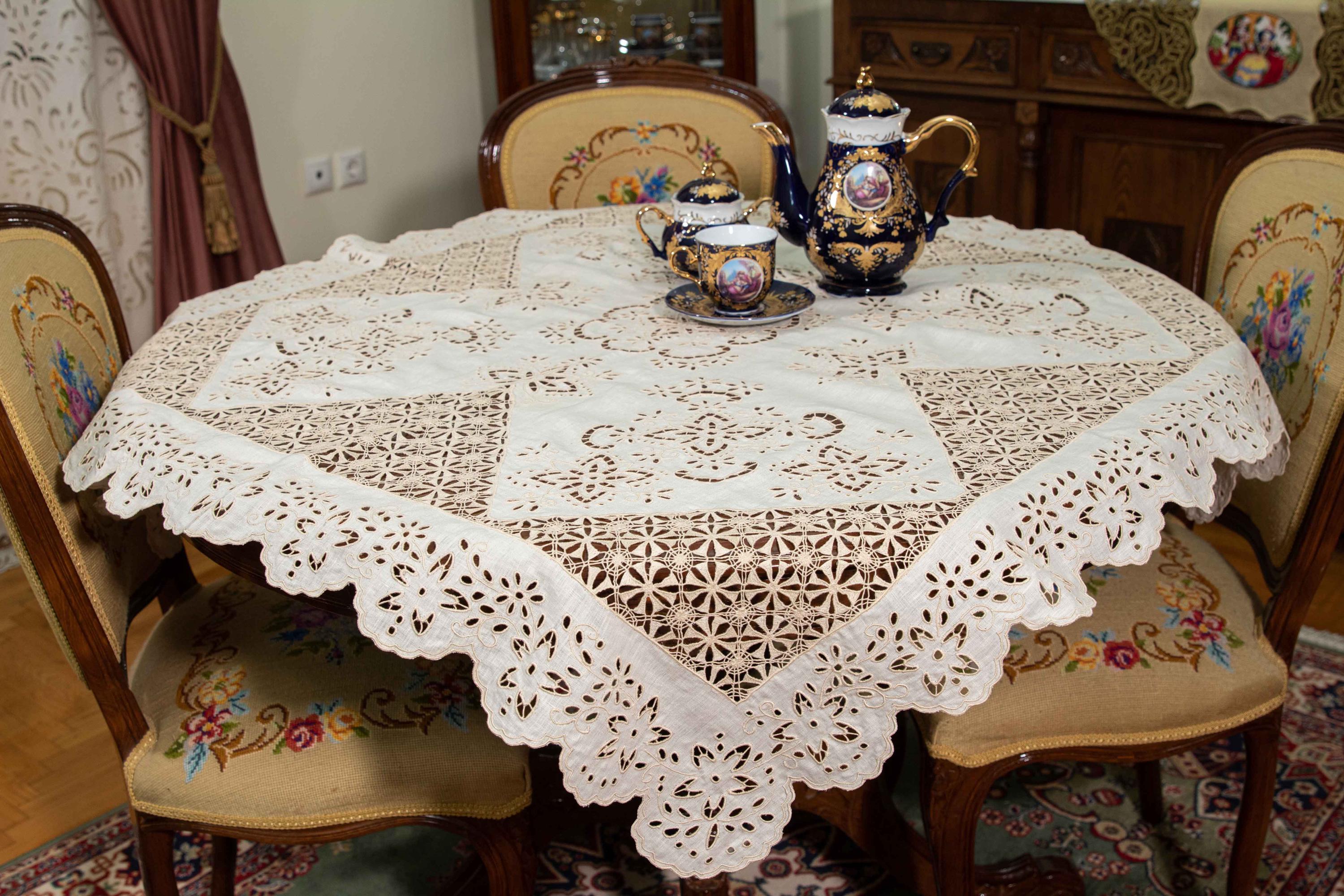 New, Handmade Linen Table Cloth, Azur Embroidered White Tablecloth ...