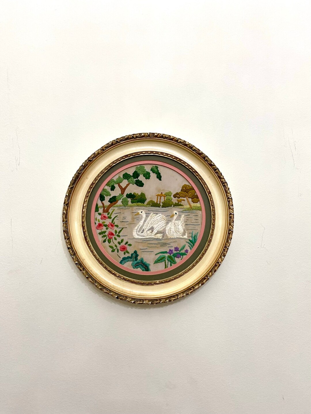 Vintage Hand Embroidered Wall Frame Swans by the Lake Framed - Etsy