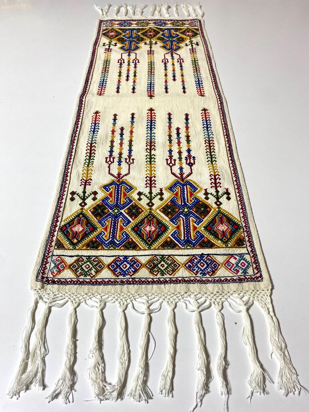 1970s Cretan Folk Embroidery, Handmade Ethnic Embroidered Table Runner ...