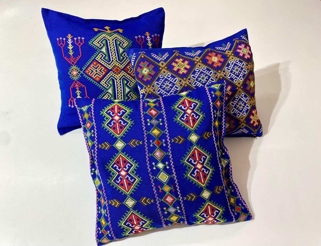 Vintage Cretan Pillow Cover Set, Hand Embroidered Ethnic Throw Pillows ...