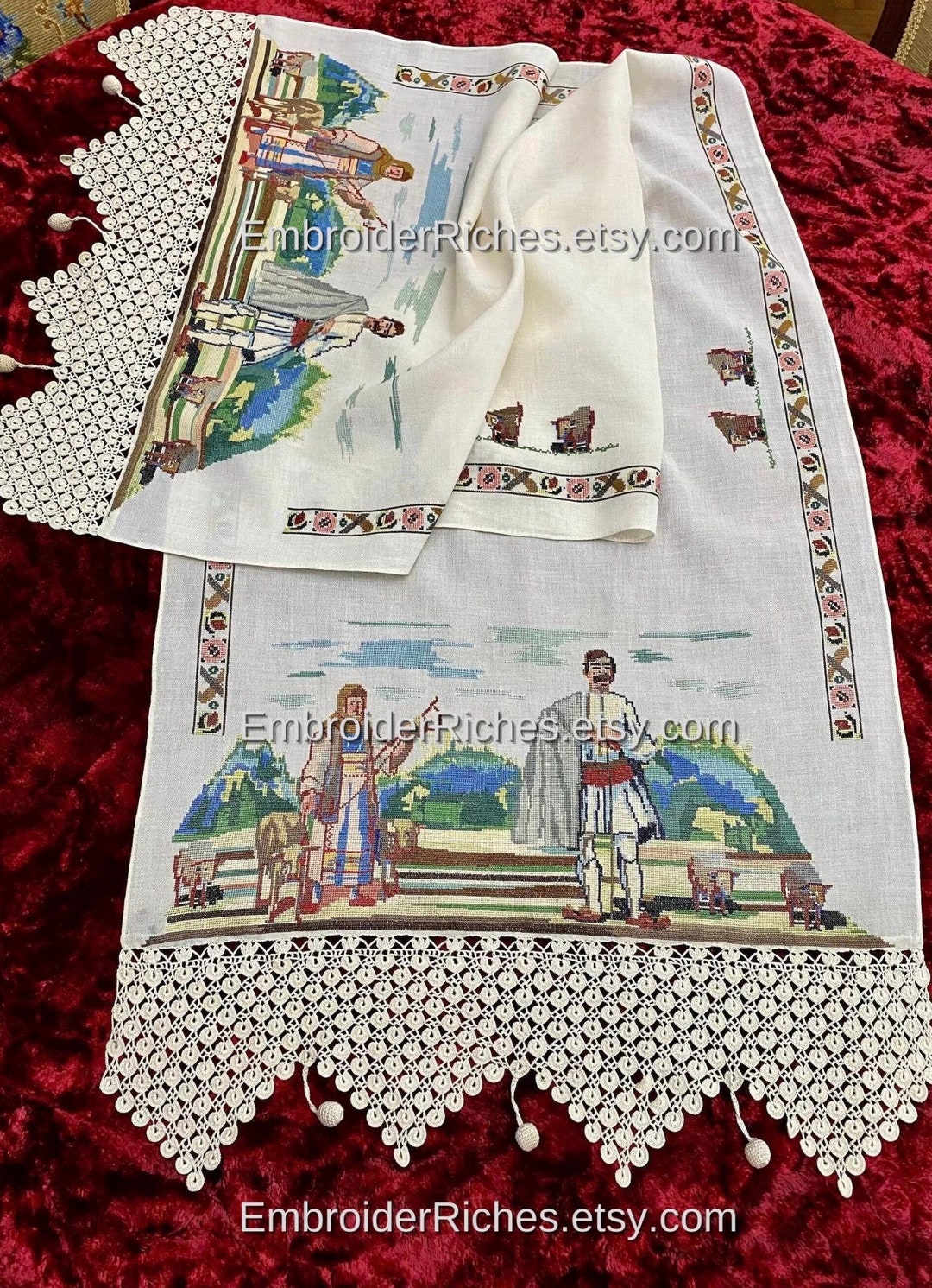 Greek Traditional Table Runner, Vintage Handmade Embroidery, Cross ...