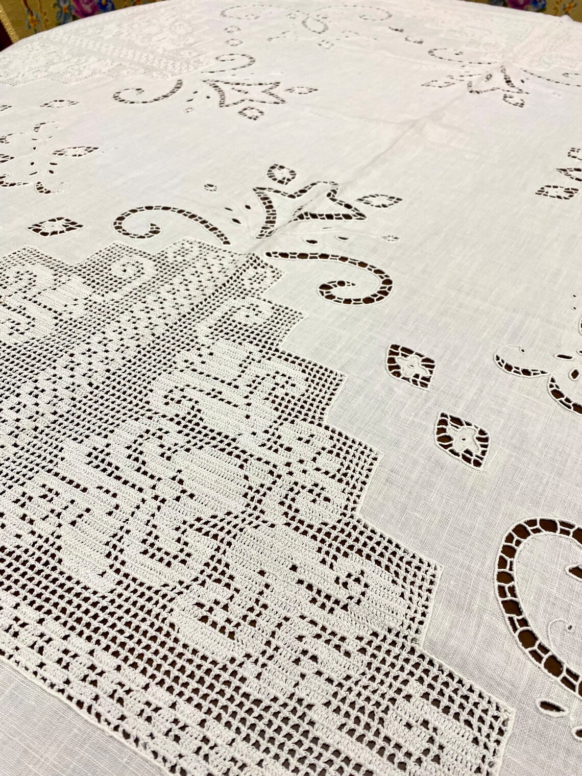 Greek White Linen Tablecloth – Hand‑embroidered Richelieu Cutwork Cover ...