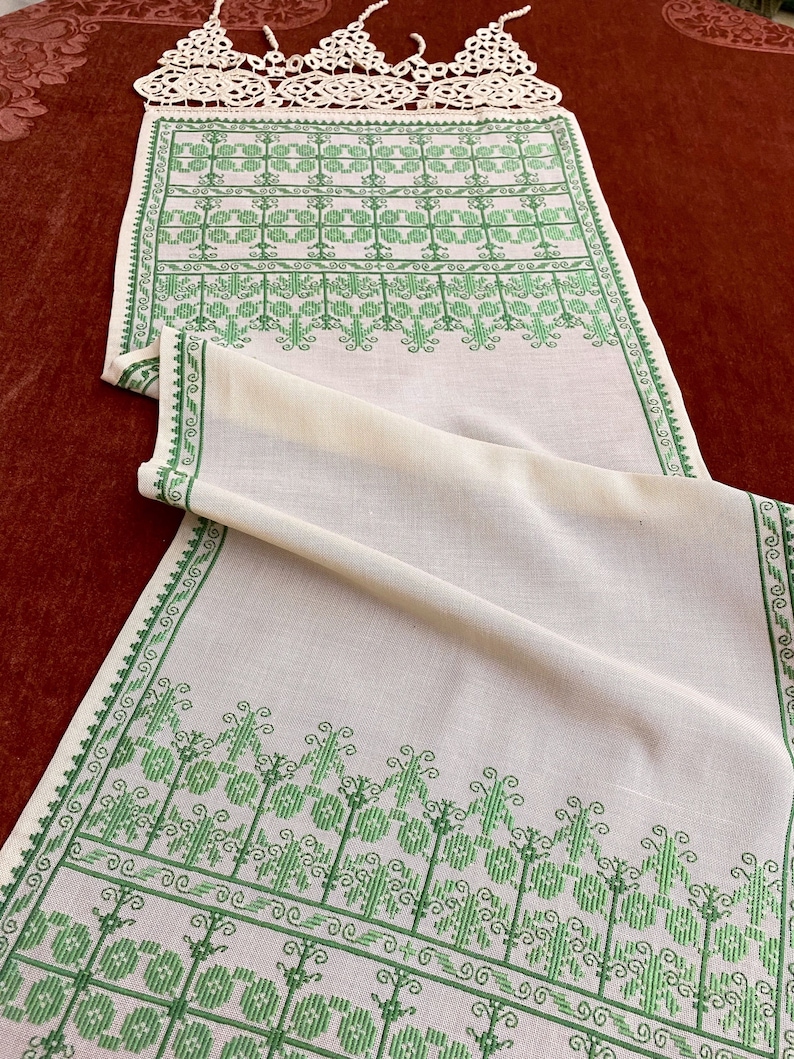 Vintage Lacy Table Runner, Old Embroidered Lace Table Runner, Green ...