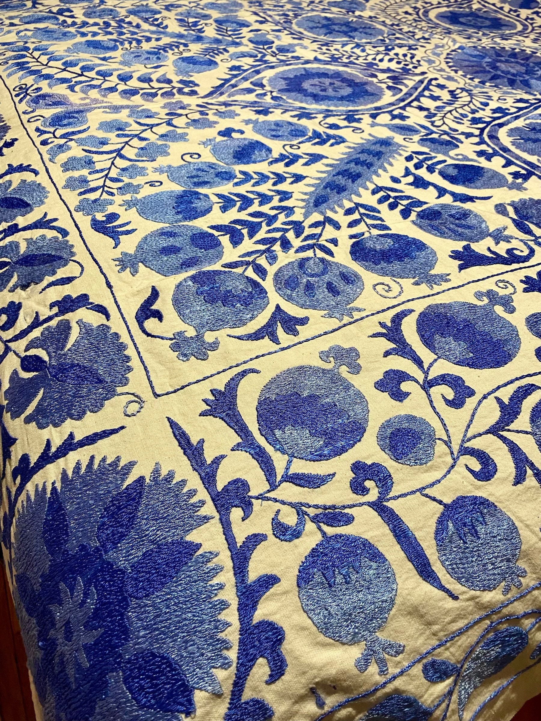 Blue Suzani Bedspread Old Suzani Table Cloth Hand Embroidered Suzani ...