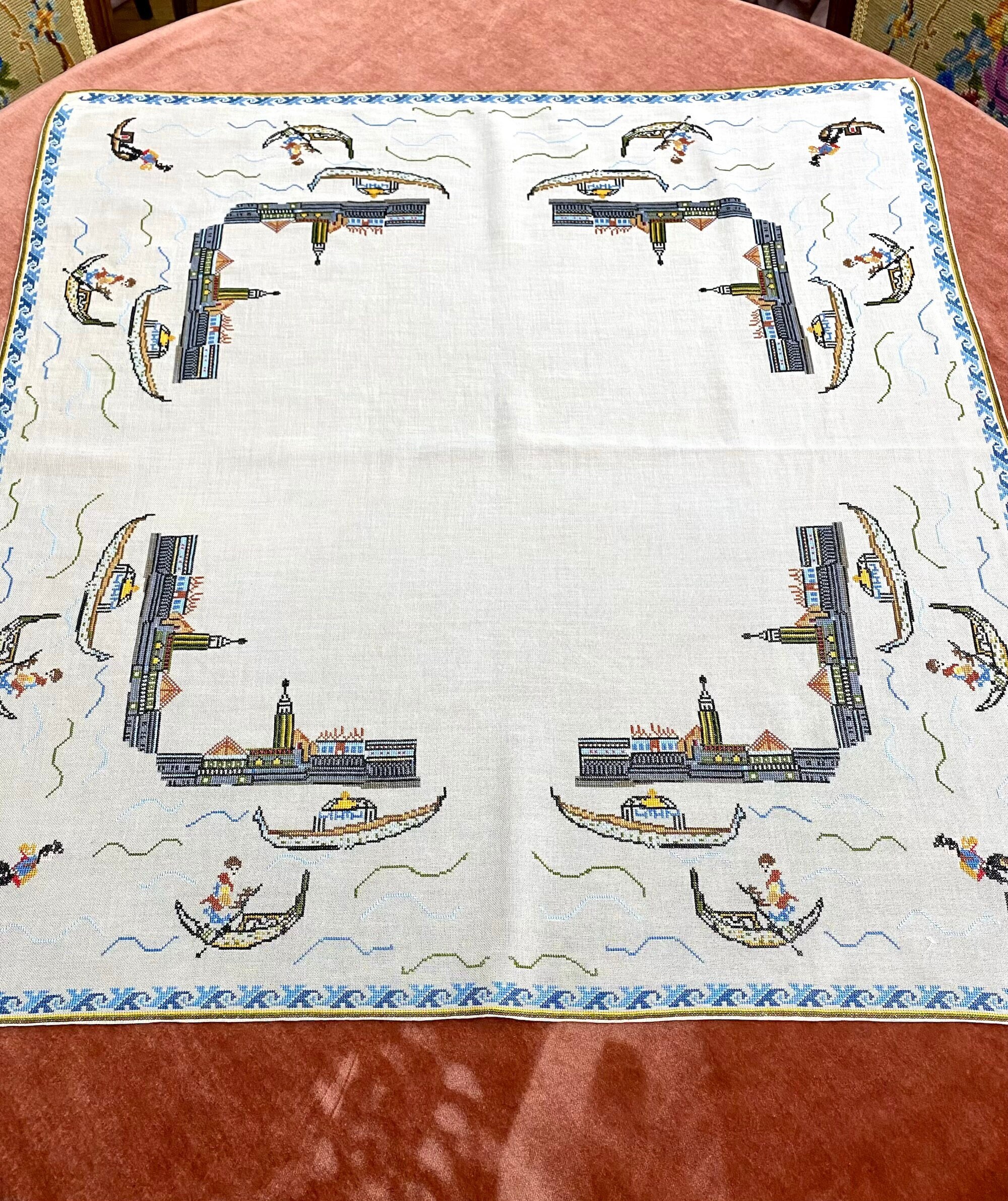 Nautical Industrial Scene Table Embroidery, Vintage Hand Embroidered ...