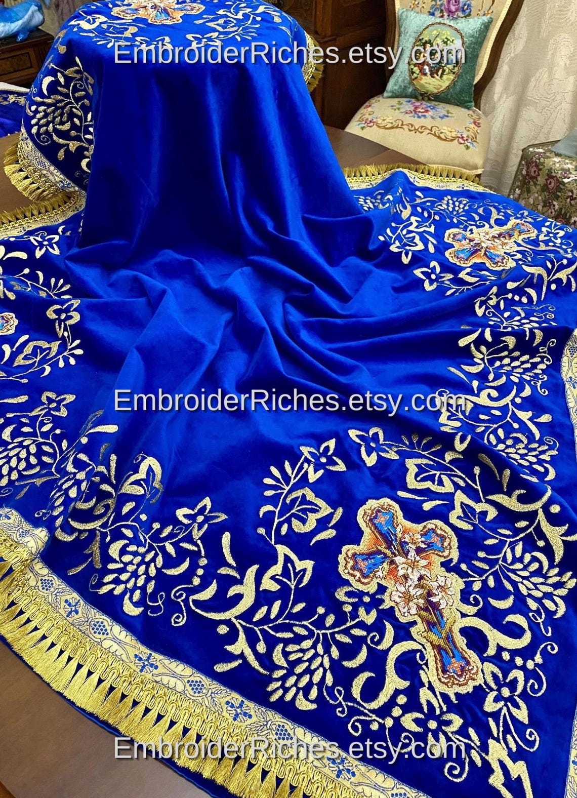 New, Blue Velvet Handmade Christian Tablecloth, Navy Blue Embroidered ...