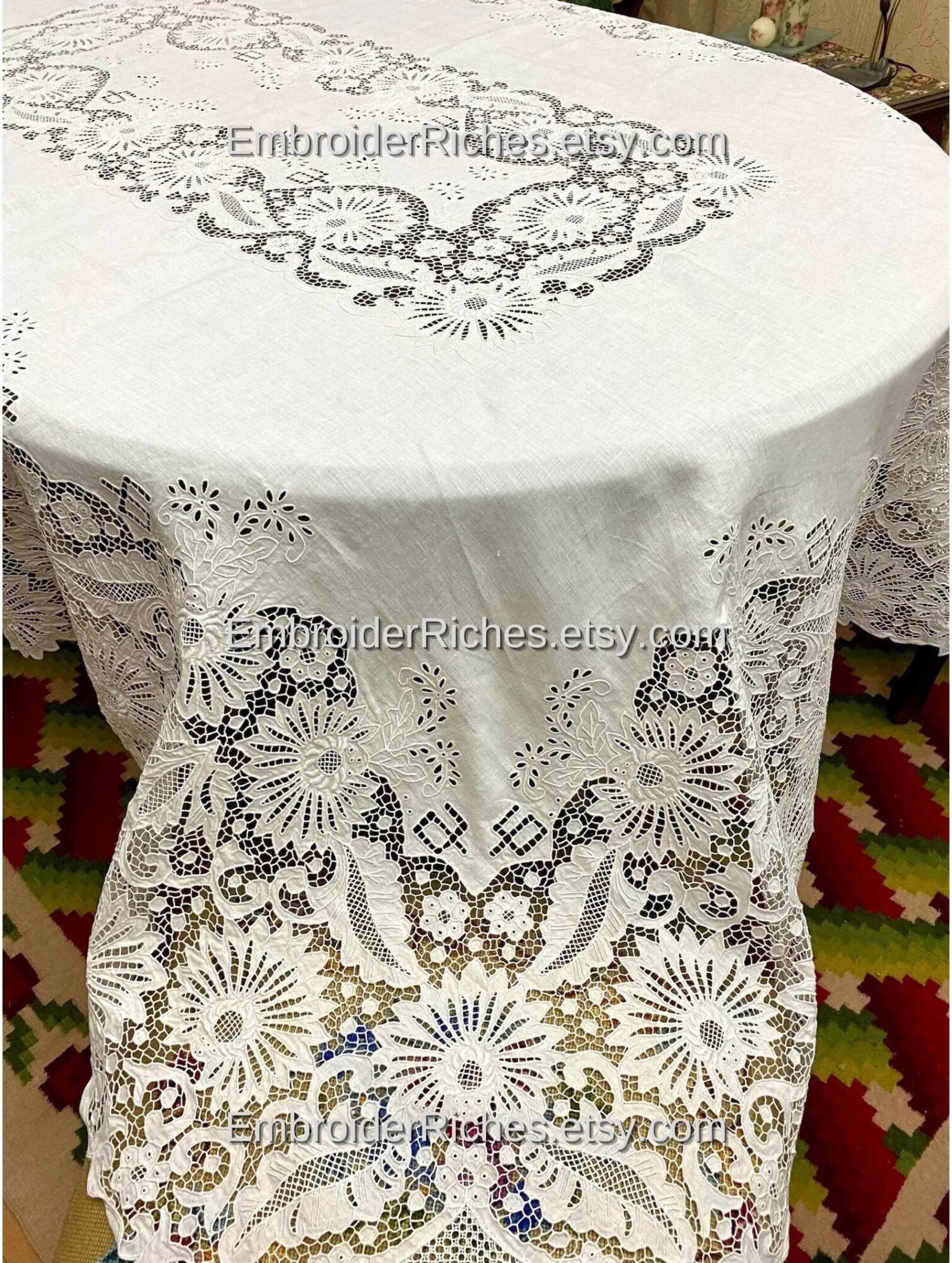 Cut Work Embroidery Linens Table Cloth, Luxurious Rectangle Table Cloth ...