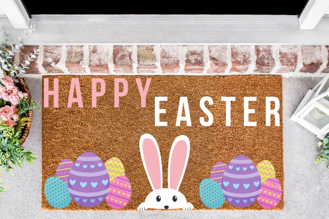 Happy Easter Doormat, Easter Eggs and Easter Bunny Art, Porch Decor ...