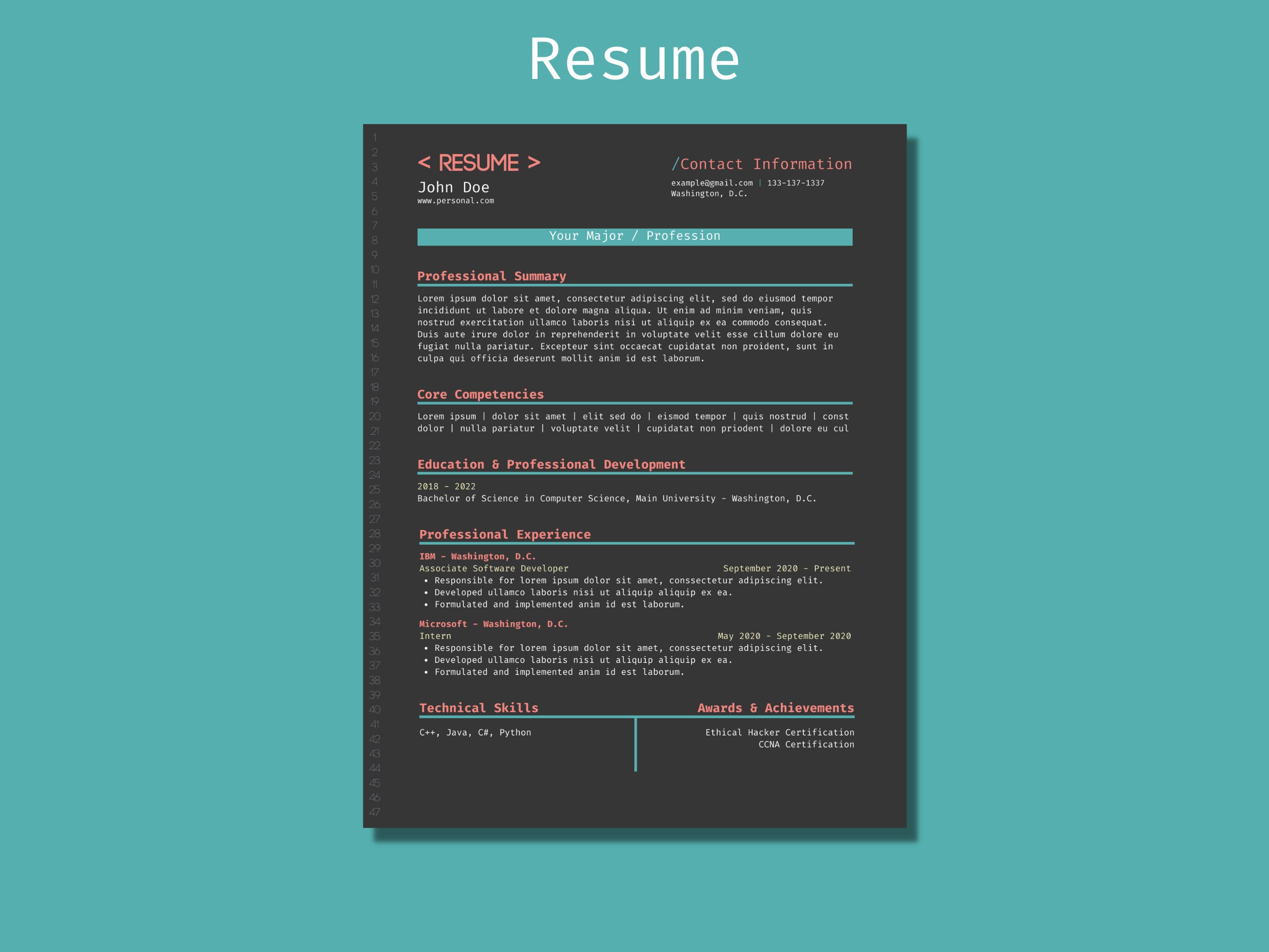 Tech Resume Template - Computer Science Resume - Software Developer ...