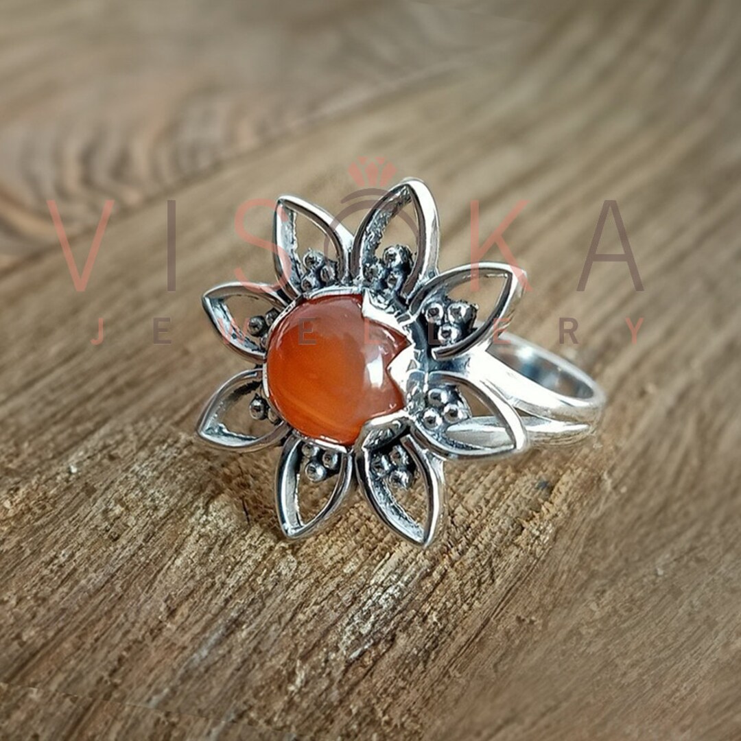 Vibrant Carnelian Flower Ring Handcrafted Silver Ring With - Etsy