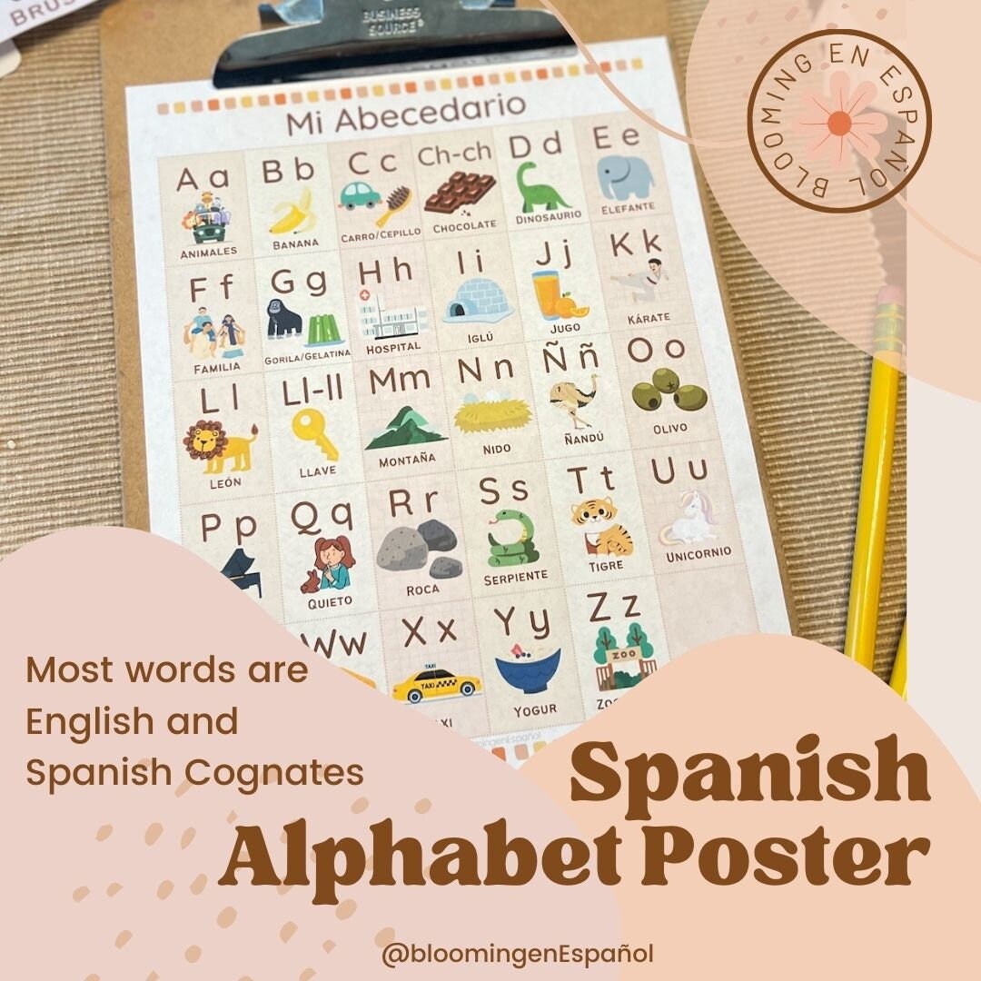 Spanish Alphabet Poster, Spanish and English Cognate Words, Bilingual ...