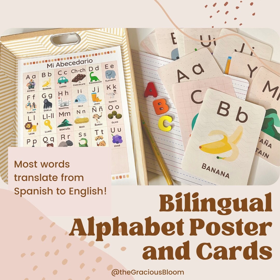 Bilingual Alphabet Poster and Flashcards, Spanish and English Cognate ...