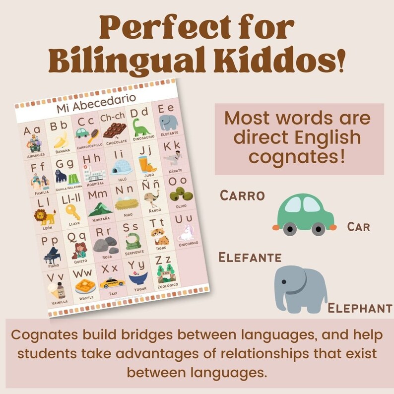 Spanish Alphabet Poster, Spanish and English Cognate Words, Bilingual ...