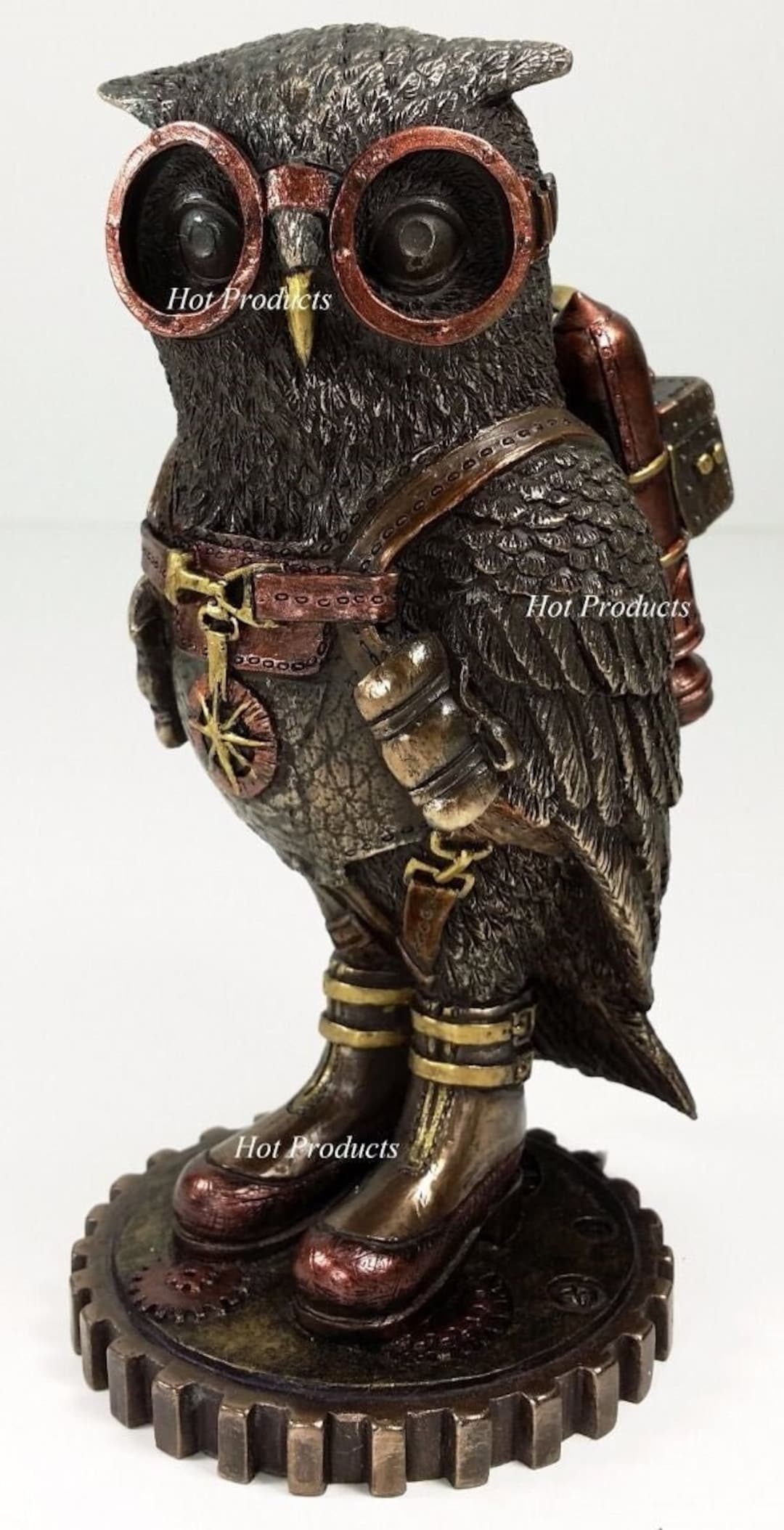 6 STEAMPUNK OWL Bird Goggles Jet Pack Gear Stand Statue Figurine Bronze ...