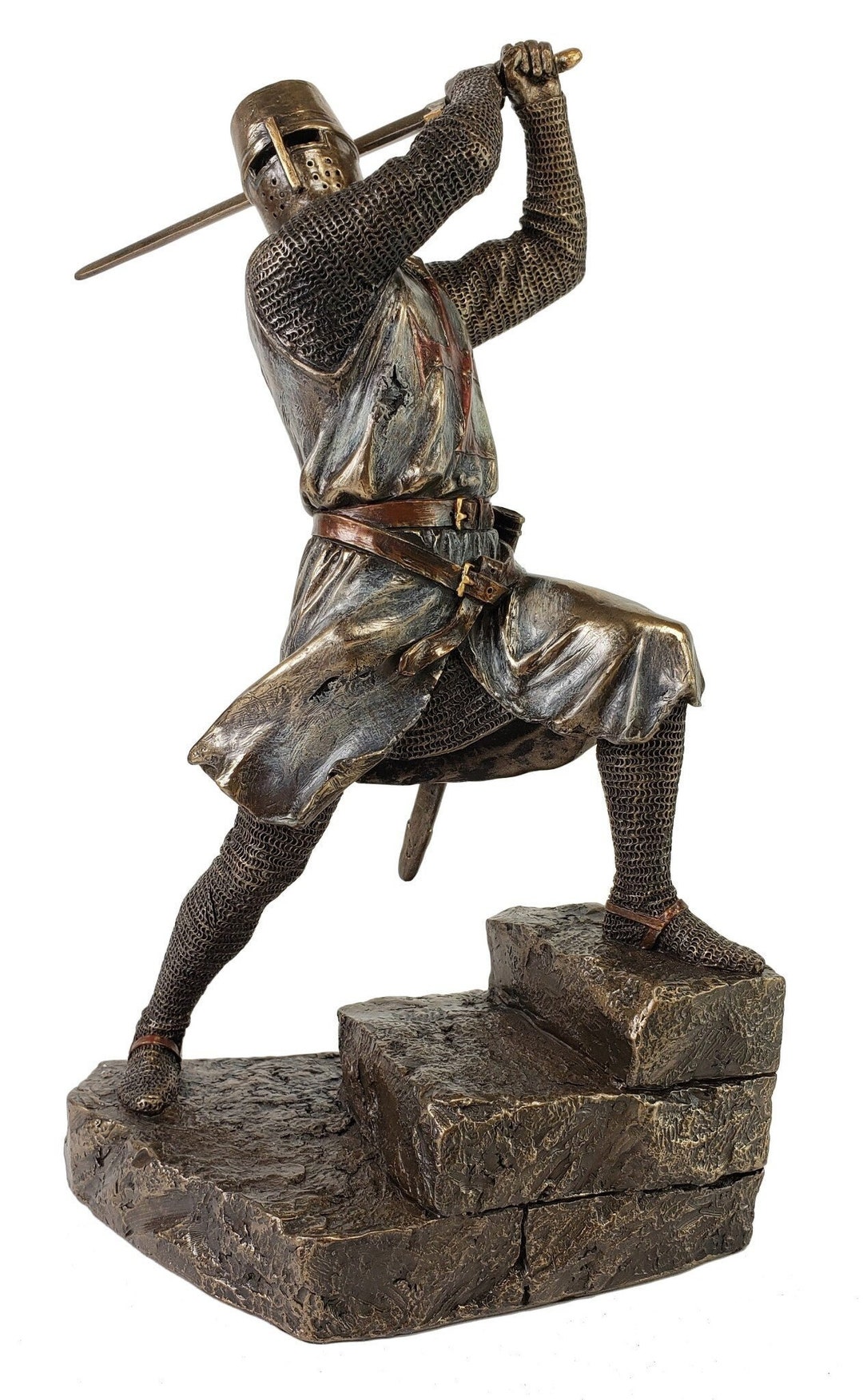 11 1/2 Medieval Times Templar Knight on Stairs W Sword Statue Bronze ...