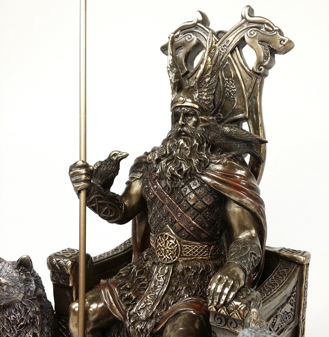 Odin on Throne W Wolves Viking Norse Mythology God Statue Antique ...
