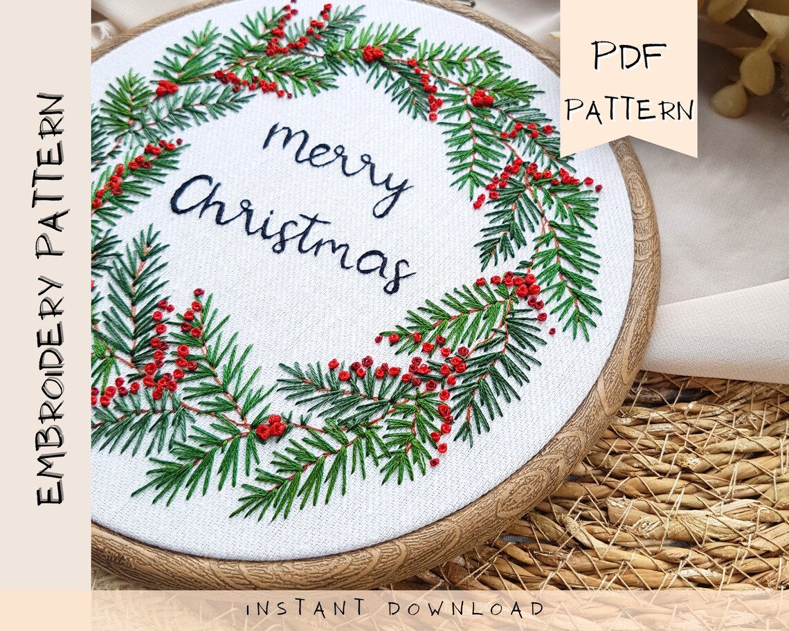 Christmas Wreath Embroidery Pattern Pdf and Stitch Guide - Etsy