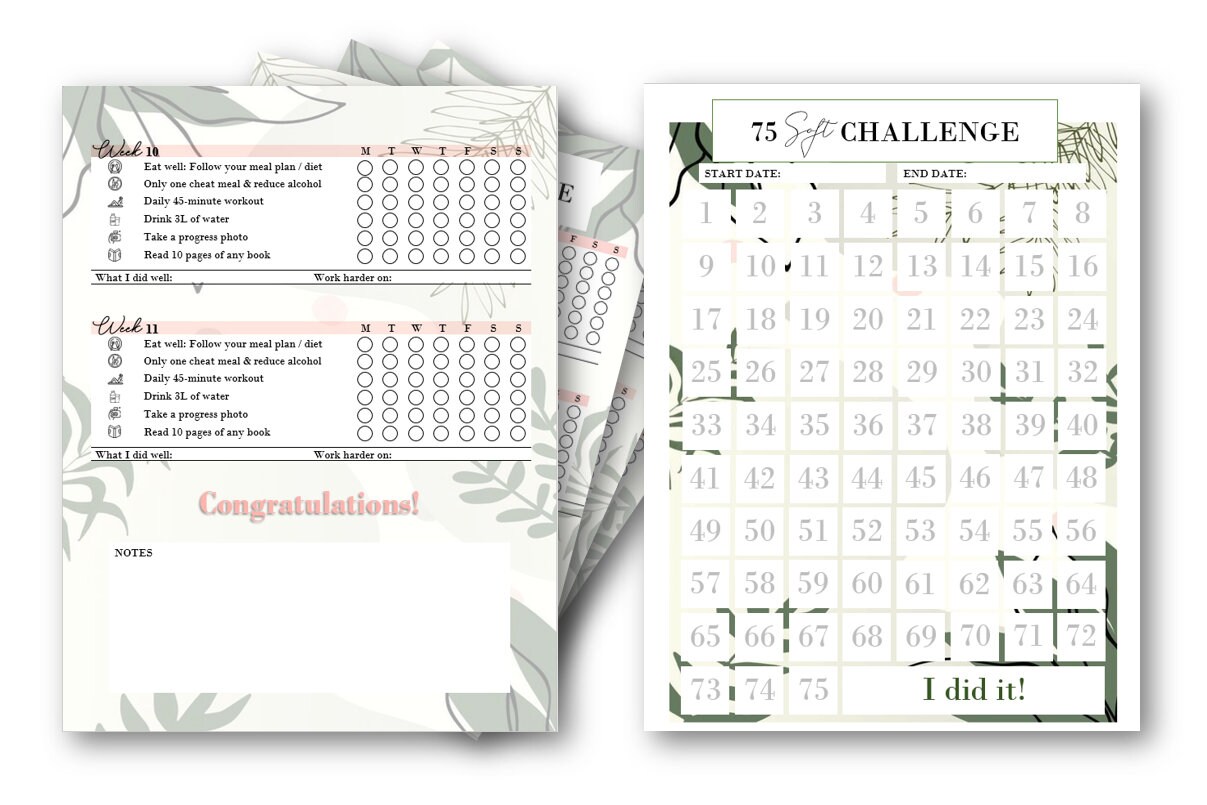 75 Soft Challenge Printable Tracker Fitness Journal Weight Loss Journey ...