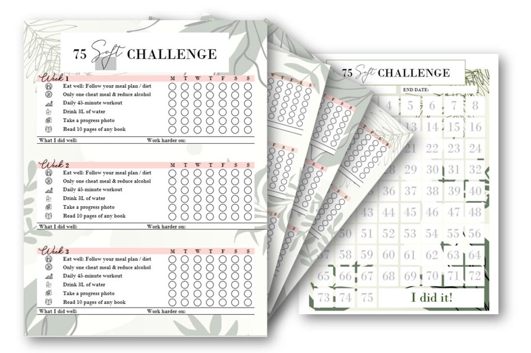 75 Soft Challenge Printable Tracker Fitness Journal Weight Loss Journey ...