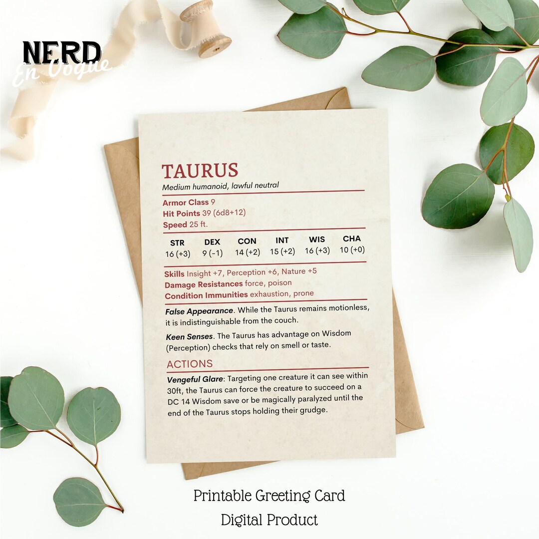 Taurus Stat Block Dnd Birthday Card Astrology Greeting Card - Etsy