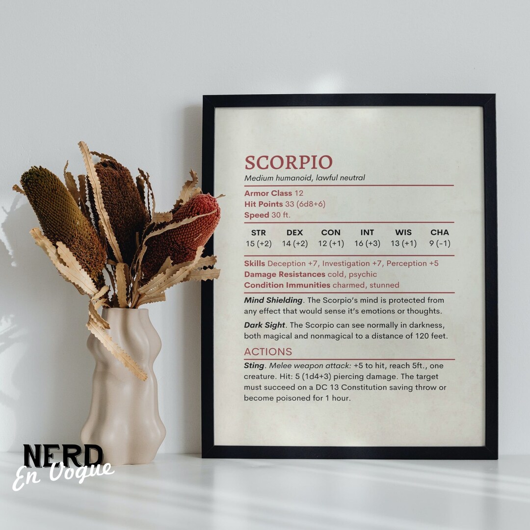 Dnd Stat Block for Scorpio Birthday Gift, Dnd Office Decor, Dnd Tavern ...