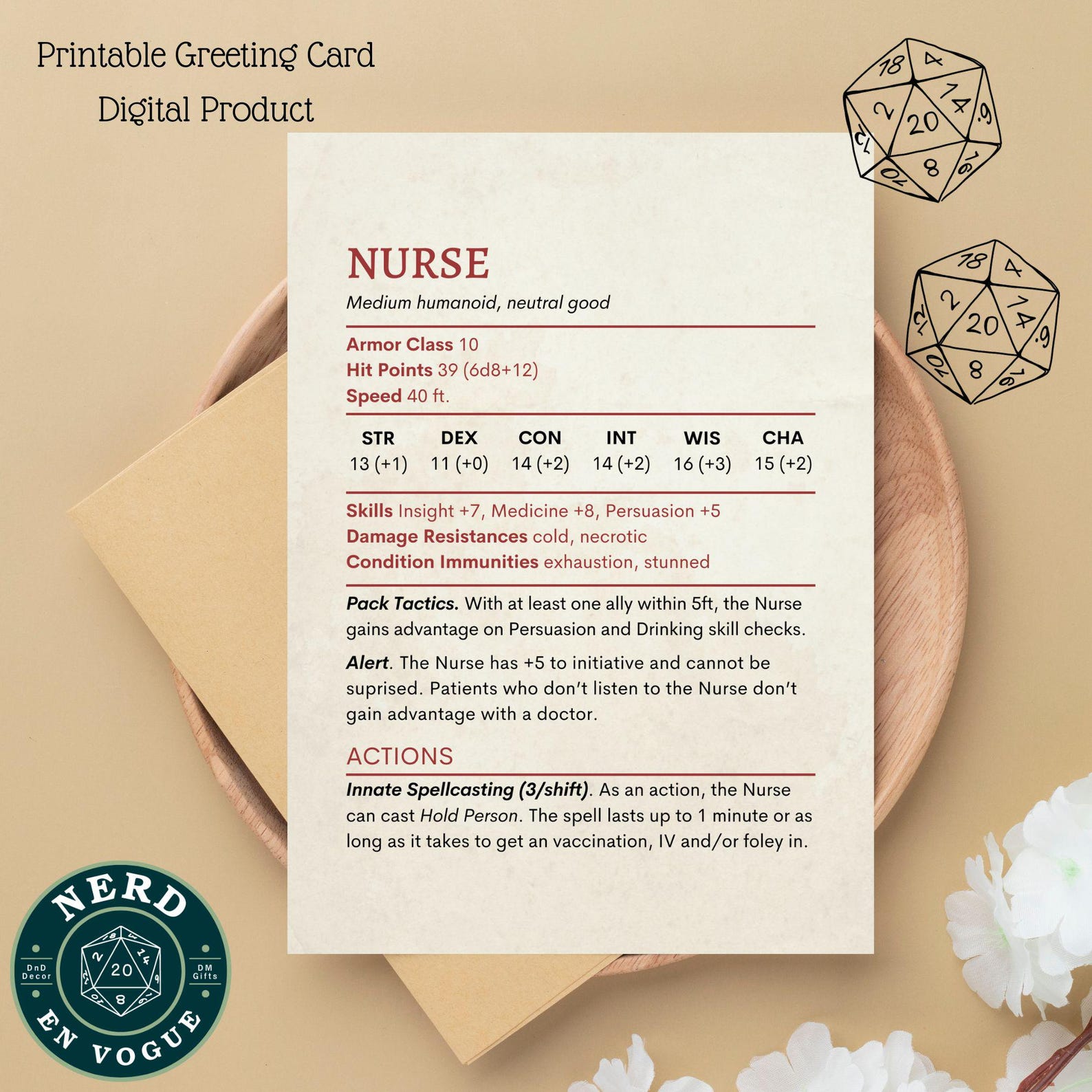 Nurse Dnd Stat Block Card for Funny Nurse Gift, Printable Nurse ...